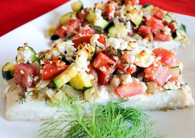 Baked Halibut Topped with Zucchini, Tomato, Dill, and Feta | For the ...