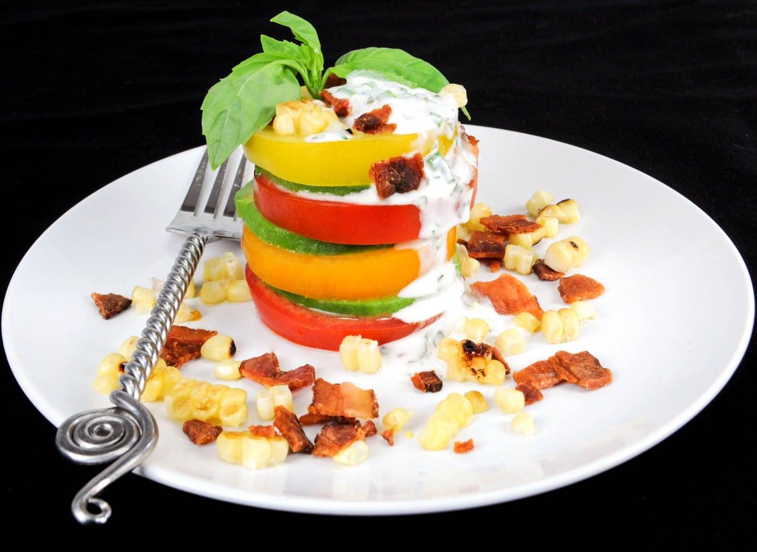 Tomato Stack Salad with Corn, Bacon, and Avocado | For the Love of Cooking