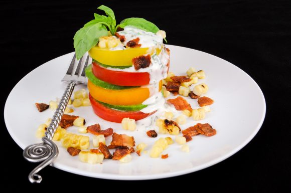 Tomato Stack Salad with Corn, Bacon, and Avocado | For the Love of Cooking