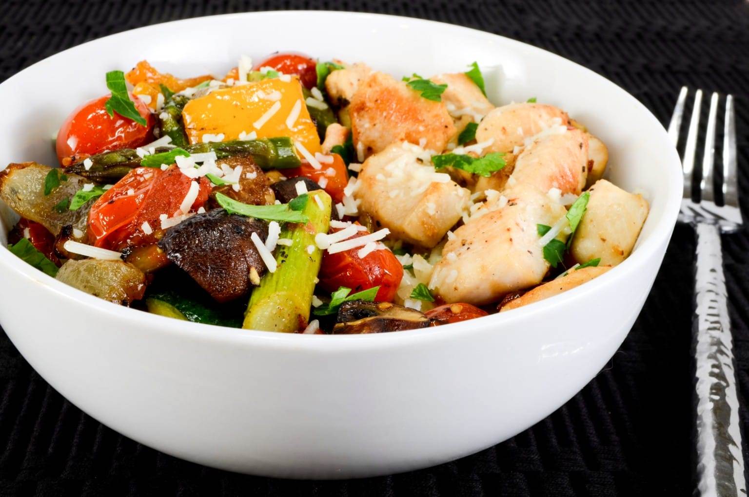 Chicken and Roasted Vegetable Rice Bowl | For the Love of Cooking