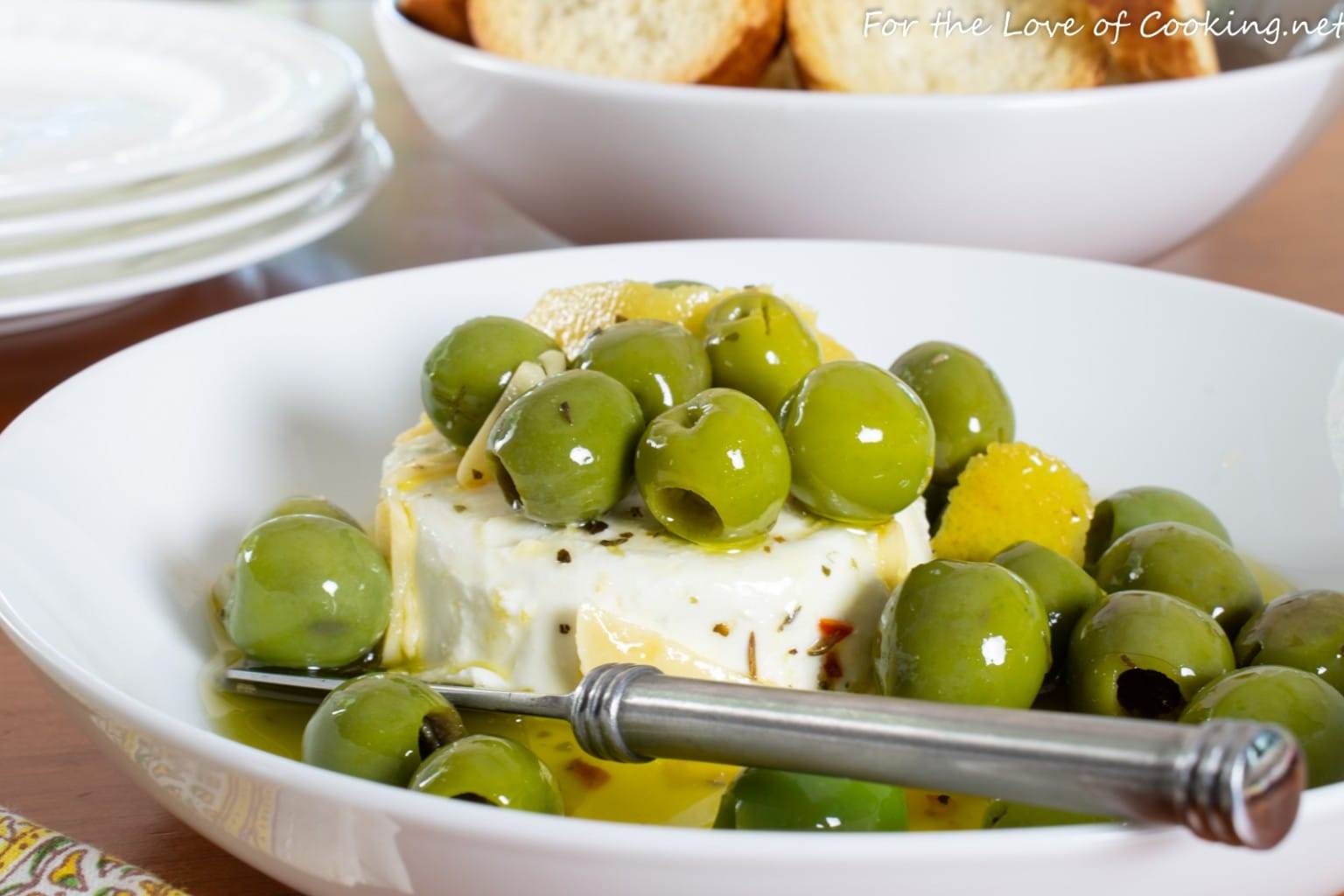 Marinated Olives & Goat Cheese with Garlic Crostini | For the Love of ...