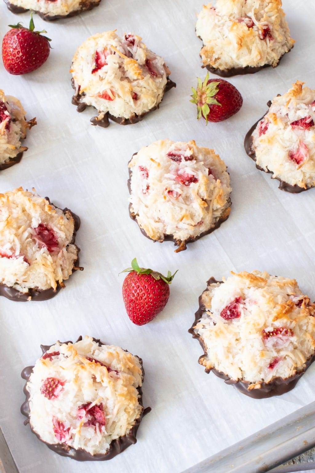 Chocolate Dipped Strawberry Coconut Macaroons | For the Love of Cooking