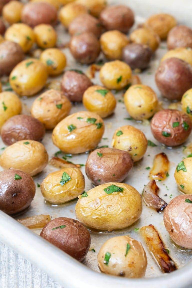 Garlic Butter Roasted Mini Potatoes | For the Love of Cooking